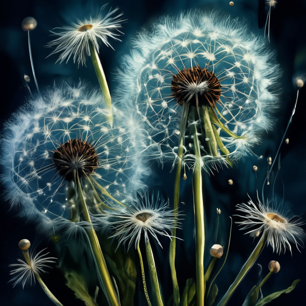 Illustration, dandelions,vector graphics+watercolor graphics, dot ...