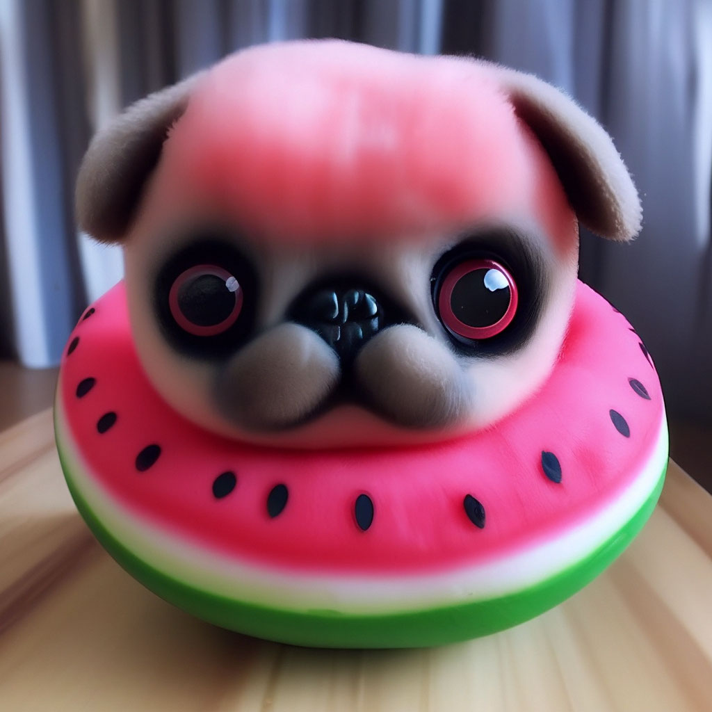 "Fluffy pug watermelon, huge eyes, watermelon fluffy. big shiny eyes ...