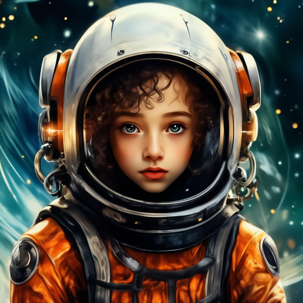 "A little fairy-tale space girl in a space suit, drawing watercolor ...