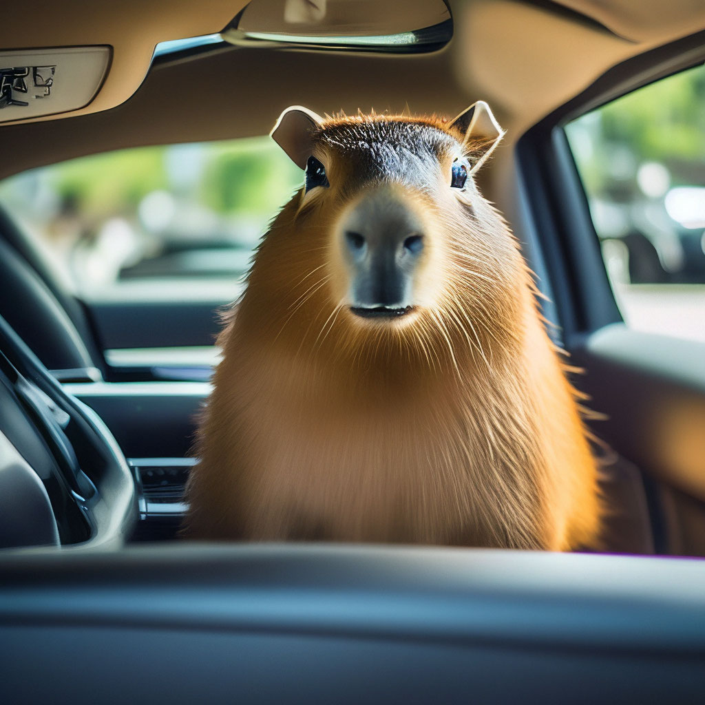 "Capybara rides by car" — image created in Shedevrum