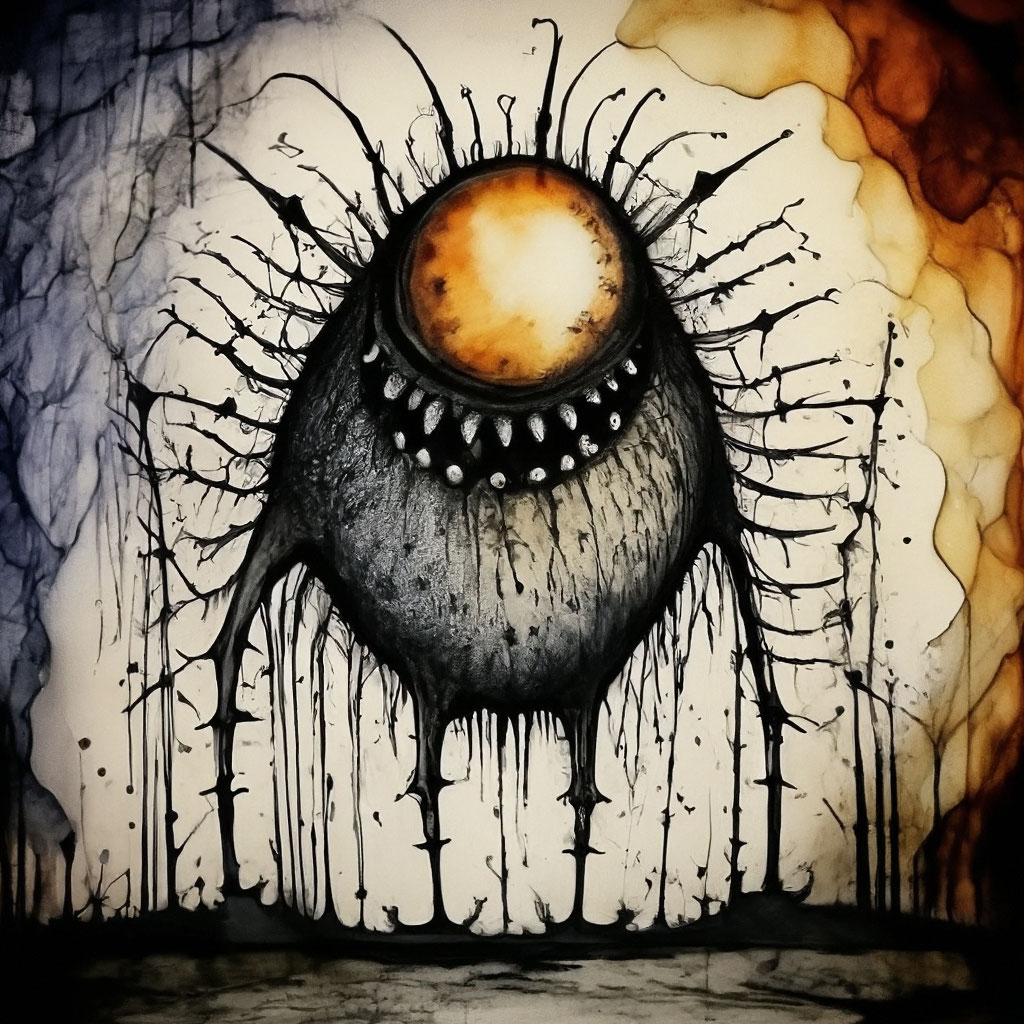 "Anthropomorphic monster in the style of Burton, ink ink dot graphics ...