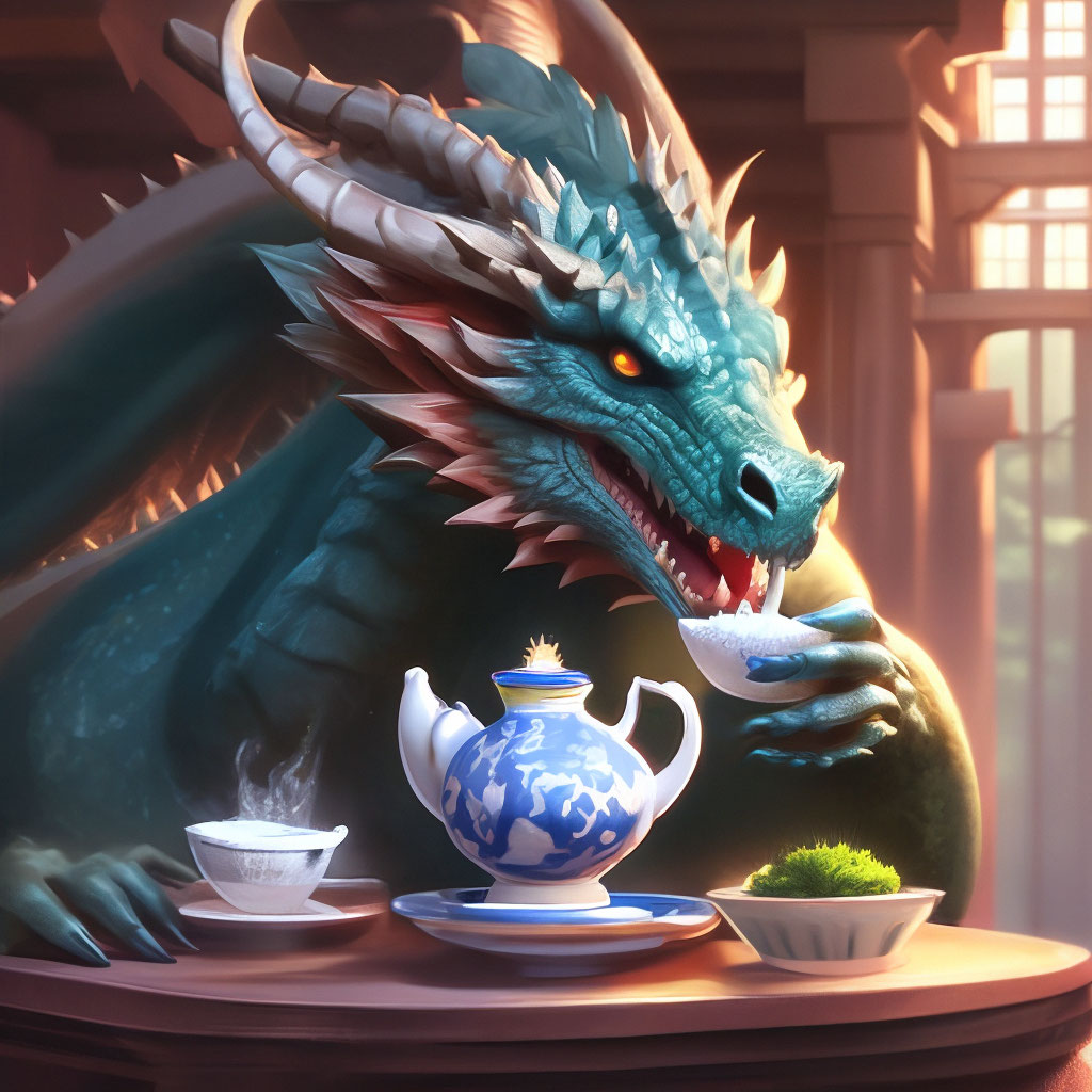 "The dragon is drinking tea" — image created in Shedevrum