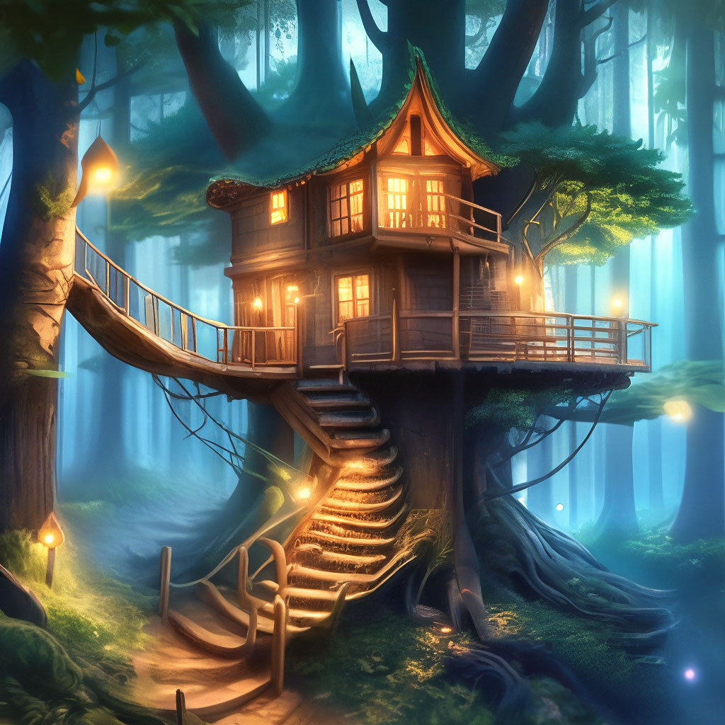 "A tree house at night in the fantasy forest" — image created in Shedevrum