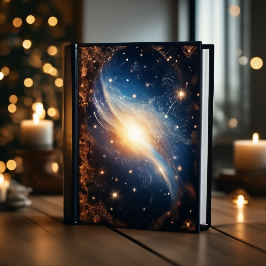 "From an open folio with a binding, a magical fabulous beautiful world ...