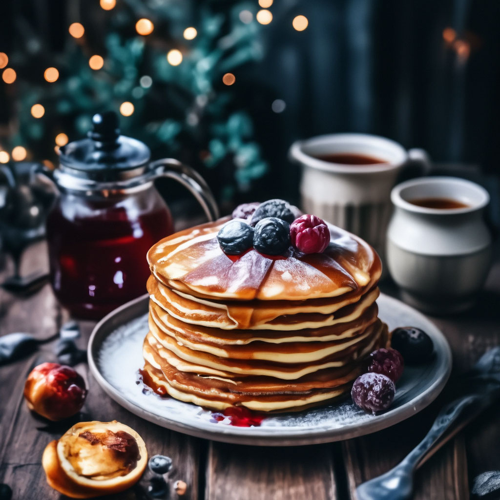 "Good morning cup of tea pancakes winter jams" — image created in Shedevrum