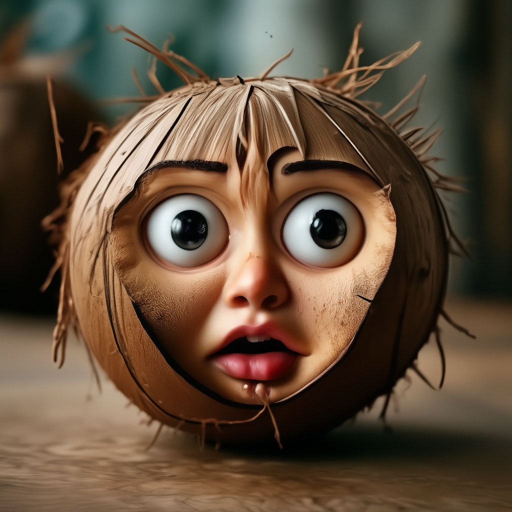 "Anthropomorphic coconut with sad eyes, human lips and hands" — image ...