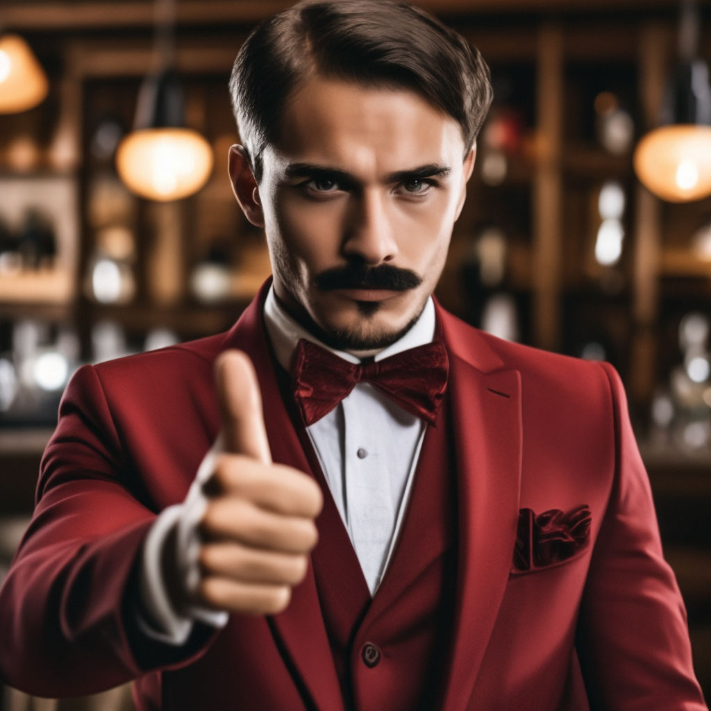 "Stylish mafioso, shows a thumbs-up gesture, stylish business red suit ...