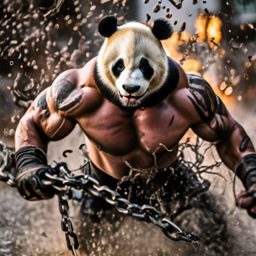 "Panda-bodybuilder pain in tattoo, chained, breaks chains" — image ...