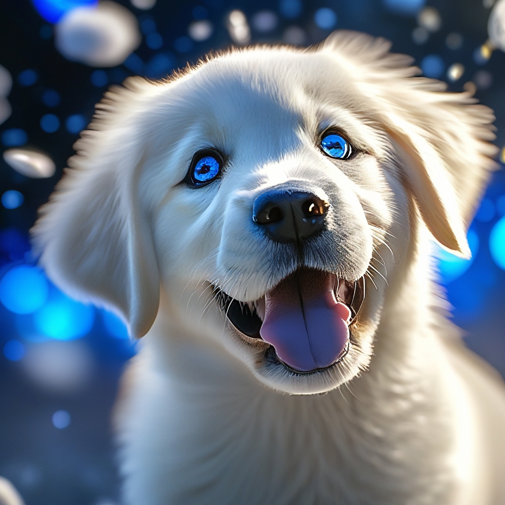 "Fluffy cute white labrador retriever, big blue eyes, playing with tail ...