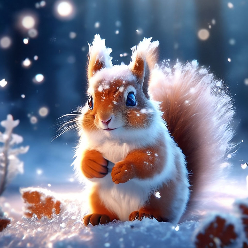 "Gentle cute little Fluffy squirrel with long fur cute muzzle, frost ...