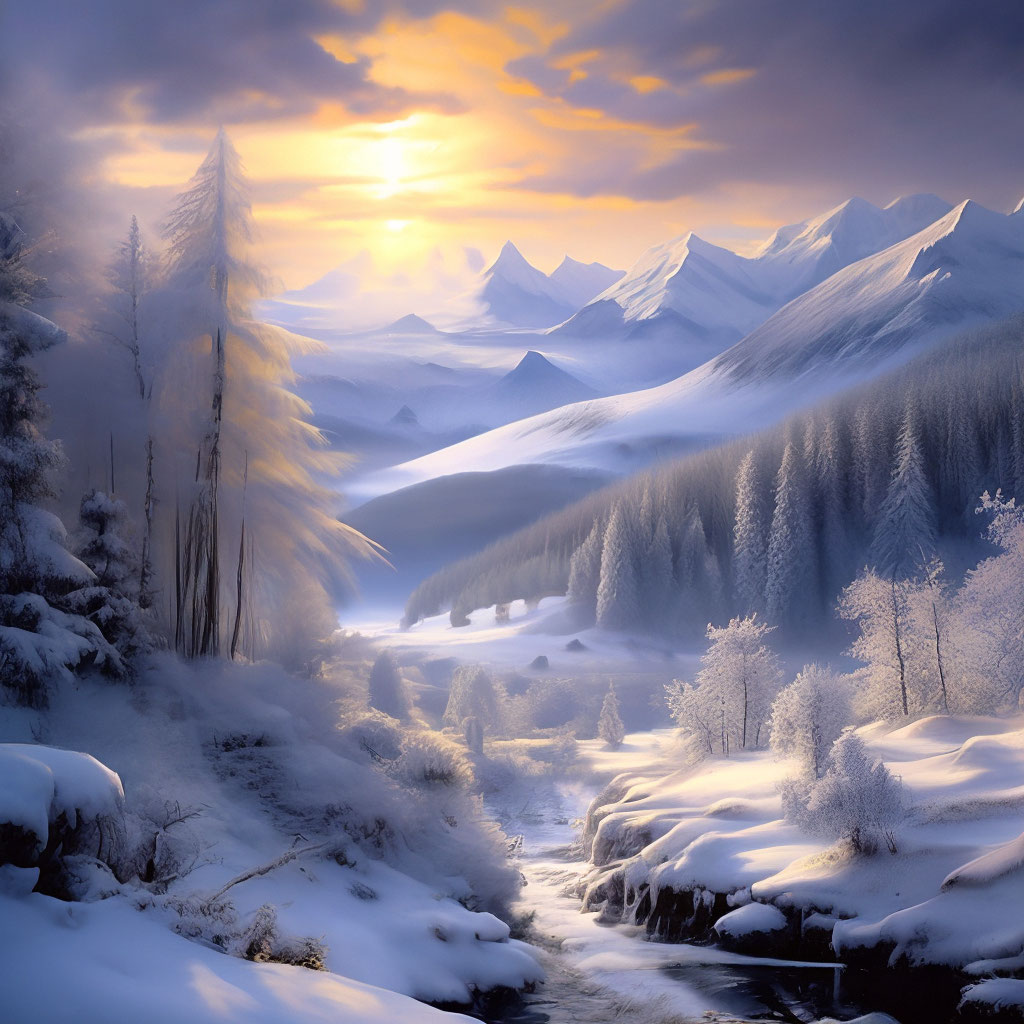 "Rococo landscape, mountains, atmospheric, fabulous winter forest ...