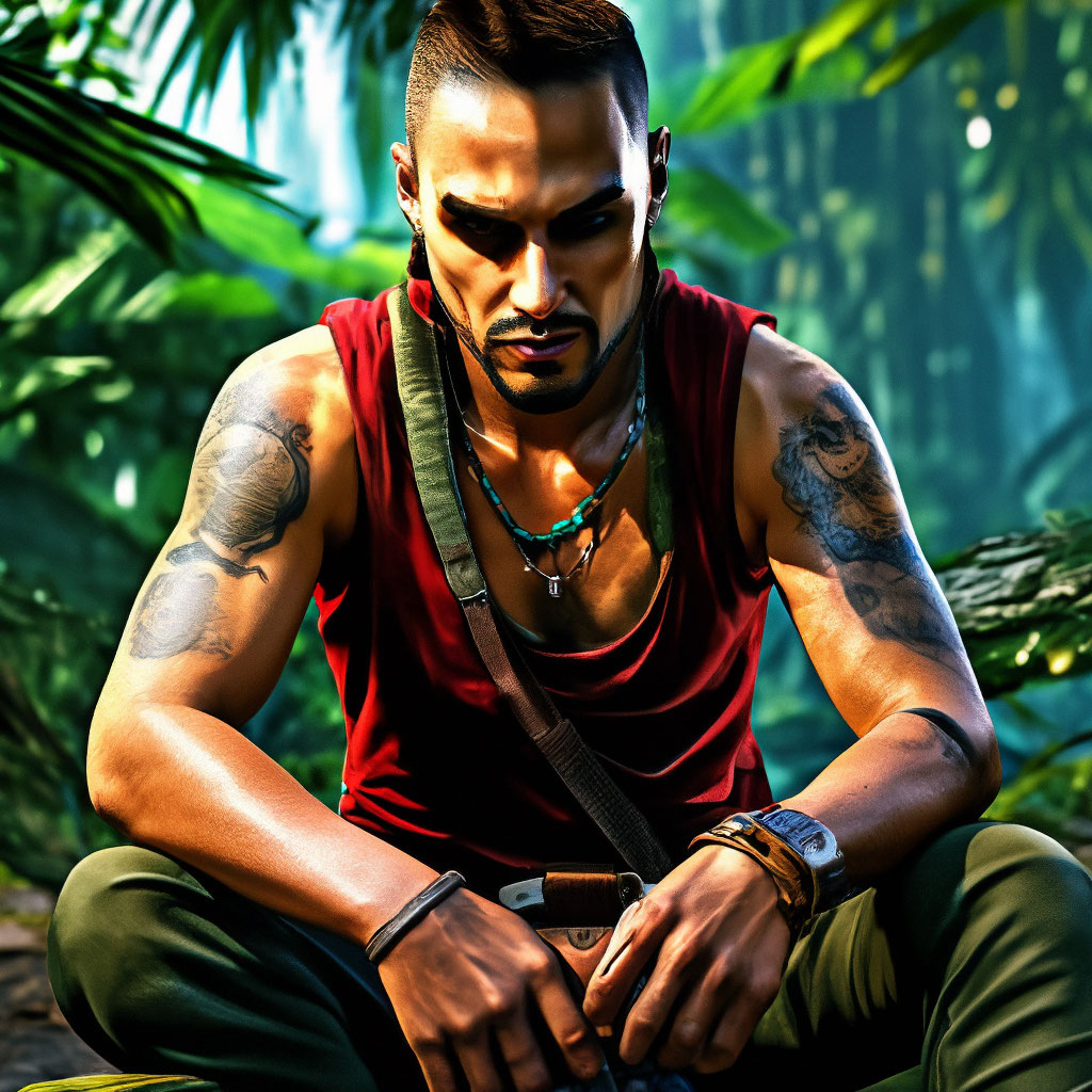 "Vaas is sitting in a pose with a gun from Far Cry 3, close-up, 4k ...
