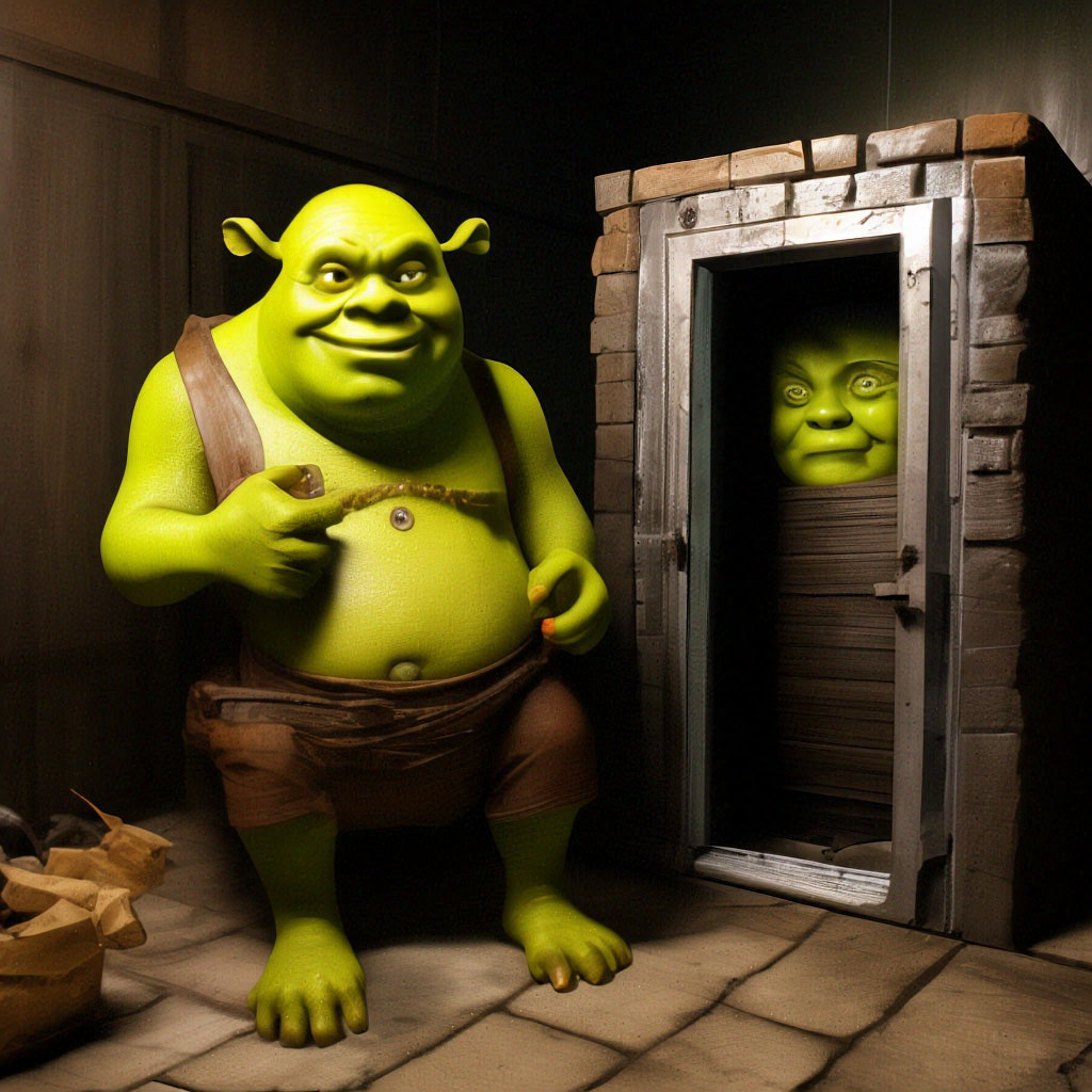 "Shrek and his crematorium toilet, a …" — image created in Shedevrum