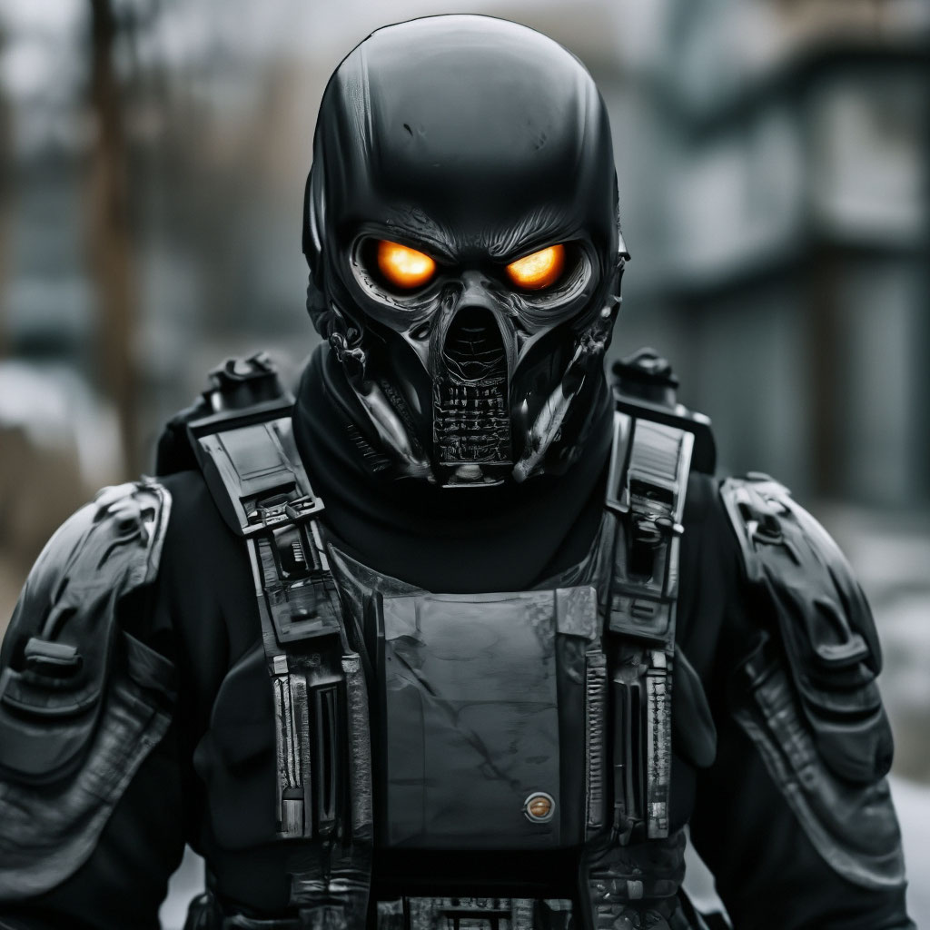 "Man in black exoskeleton, stalker, skull mask" — image created in ...