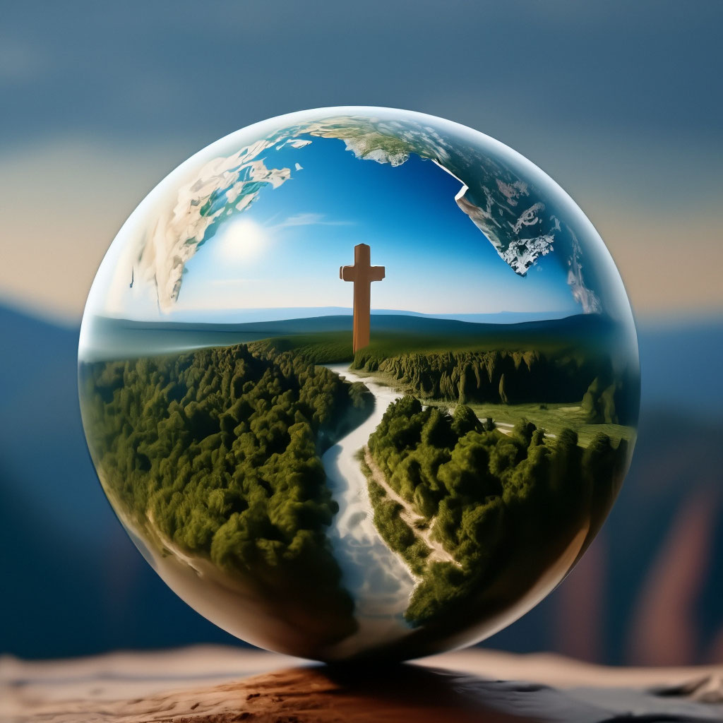 "Cross from the heavenly earth surrealism globe in the style of Rene ...