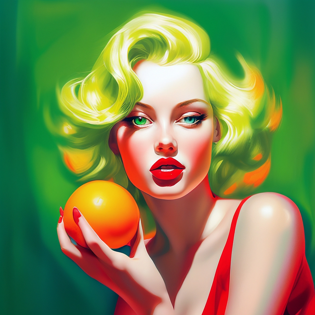 "Blonde with bright green expressive eyes,plump red lips,symmetrical ...