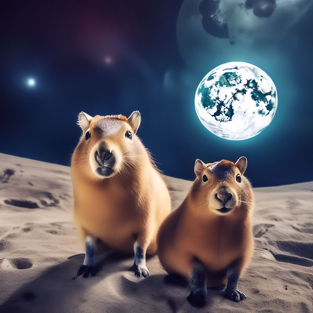 "Cat and capybara landed on the moon" — image created in Shedevrum