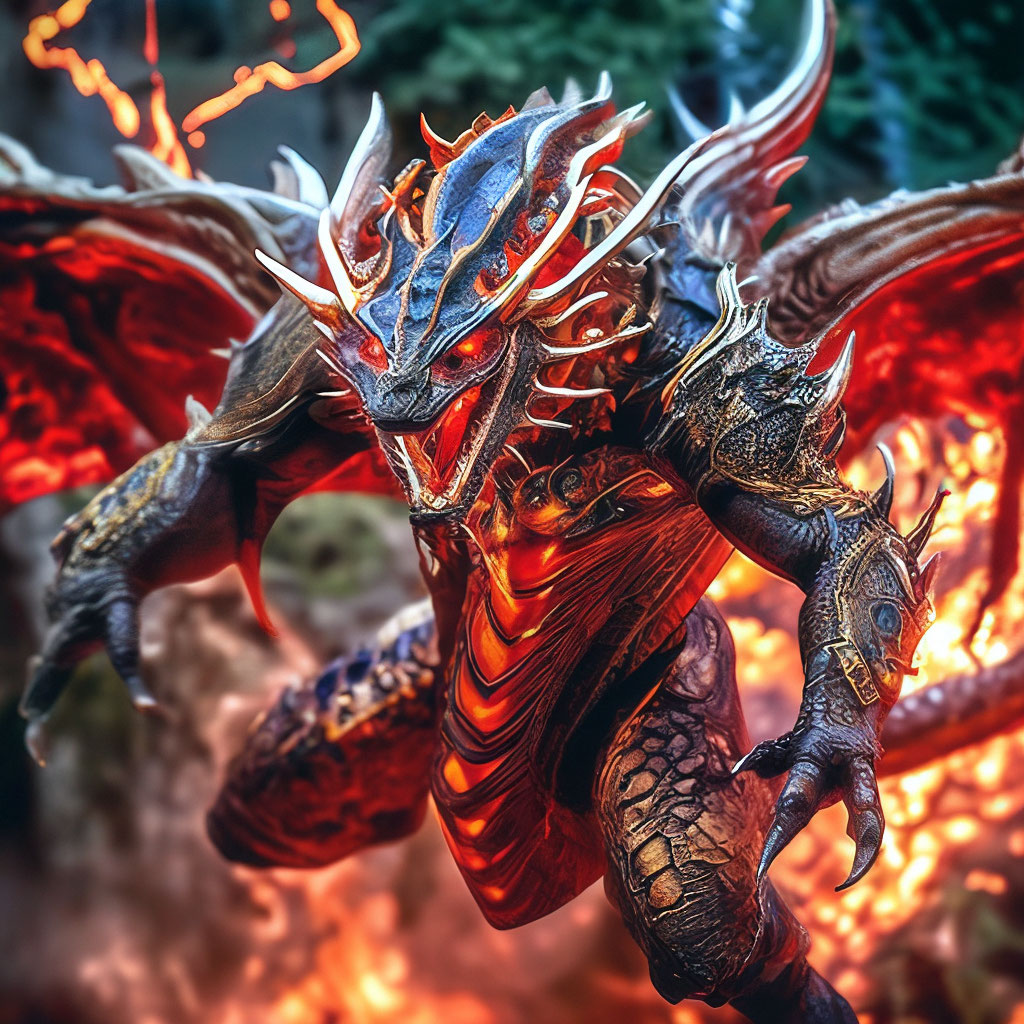 "A full-length hellish bay dragon with horns, fiery mane and tail ...
