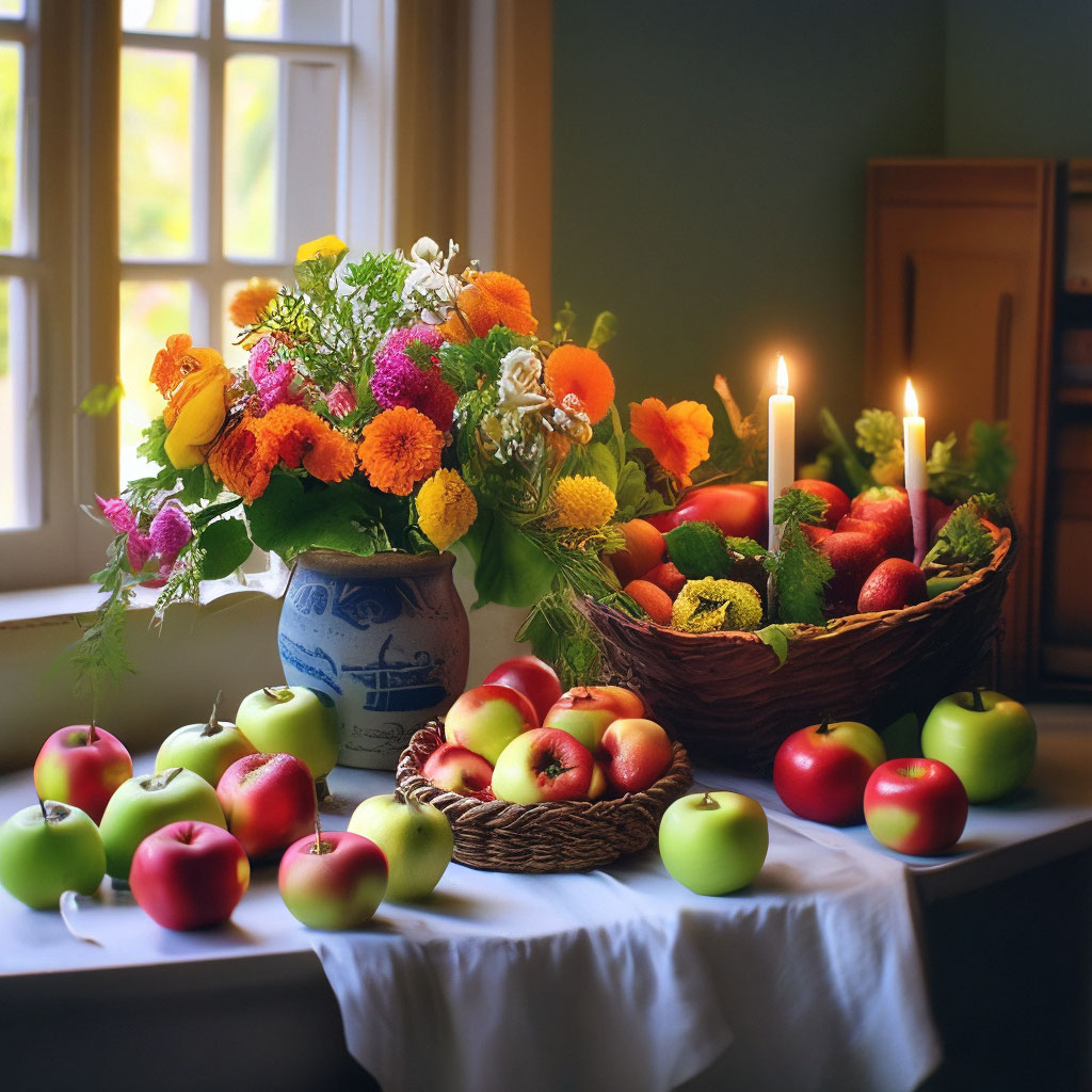 "With an apple saviour, a basket of apples on the table, bright flowers ...