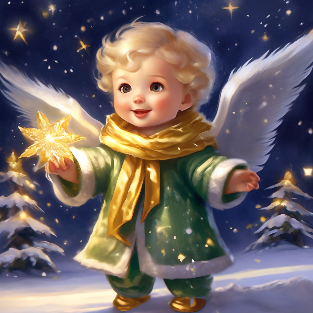 "An anthropomorphic baby angel in a golden scarf in the foreground in ...