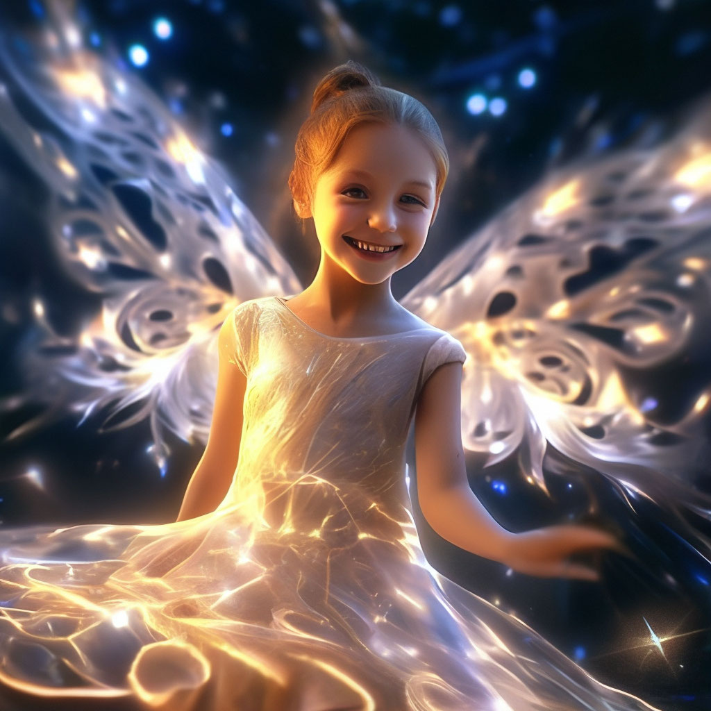 "Close-up, New Year's fantasy, fractal, a ten-year-old girl, a smile like a carved translucent ...