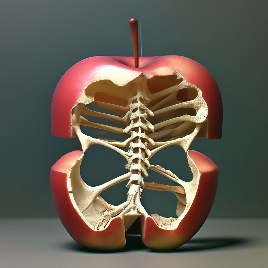 "Apple skeleton, hyperrealism" — image created in Shedevrum