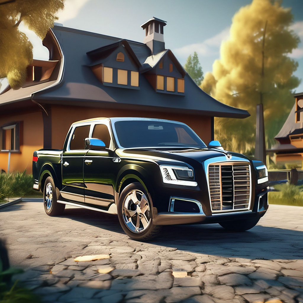 "Aurus Senat is a black pickup truck for the village. Side view ...