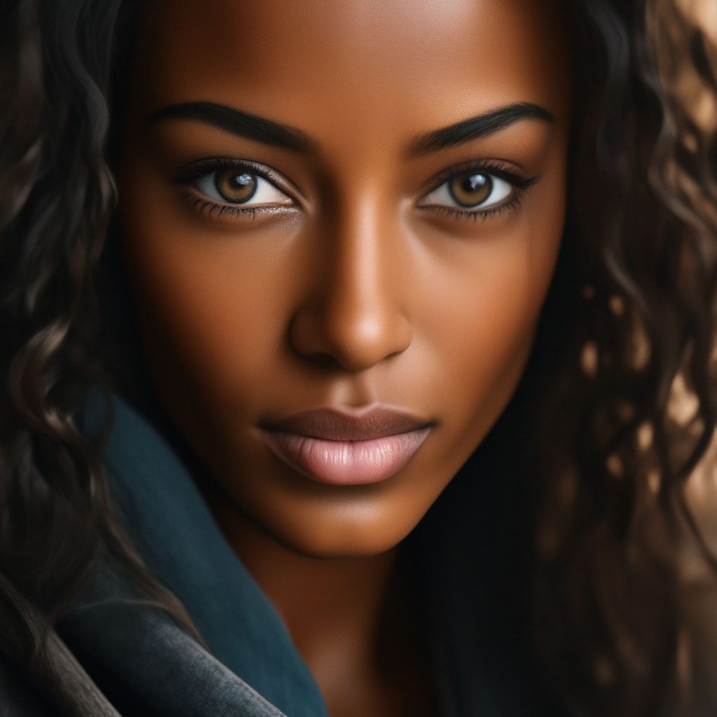 "Photorealism ,attractive mulatto ,brown skin color,with eyes of cold ...