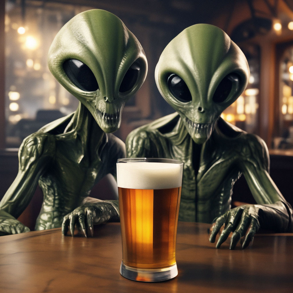 "Aliens storm the pub for the sake of terrestrial beer" — image created ...