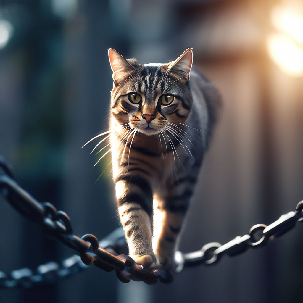 "The cat walks along a chain suspended horizontally, aesthetically ...