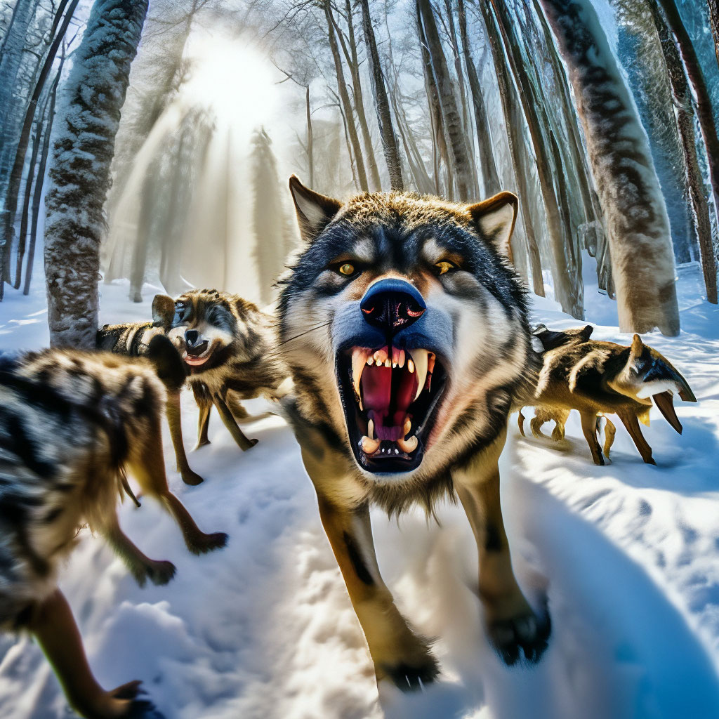 "A pack of wolves in the winter forest are hunting a huge ferocious ...