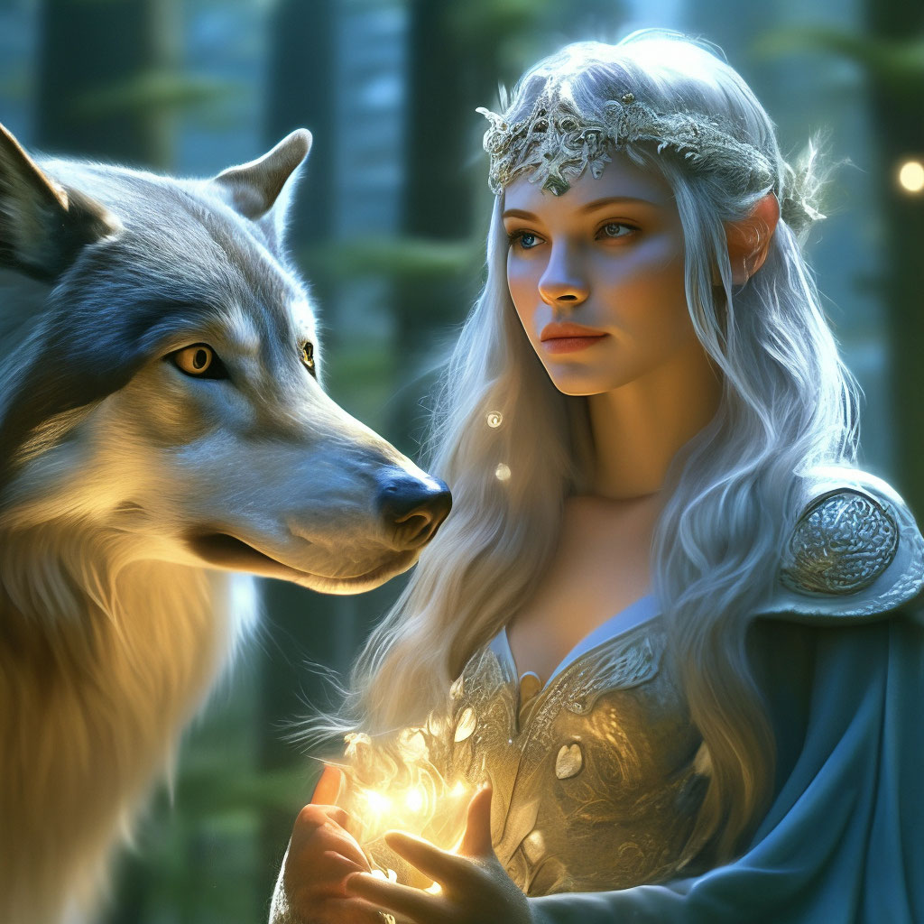"Hyperrealism, elf and wolf, forest, lights, face detailing, fairy tale ...