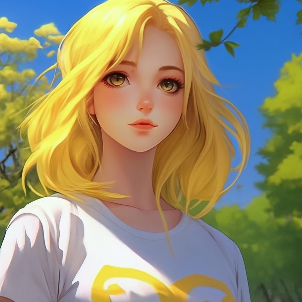 "Anime girl with yellow hair, big eyes, expressive look, detailed face ...