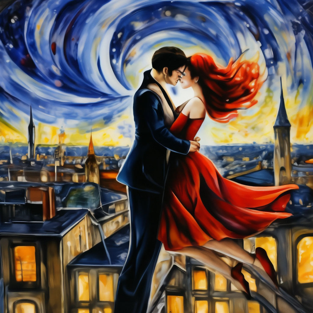 "Flying away, a couple making out over the city, Marc Chagall style ...