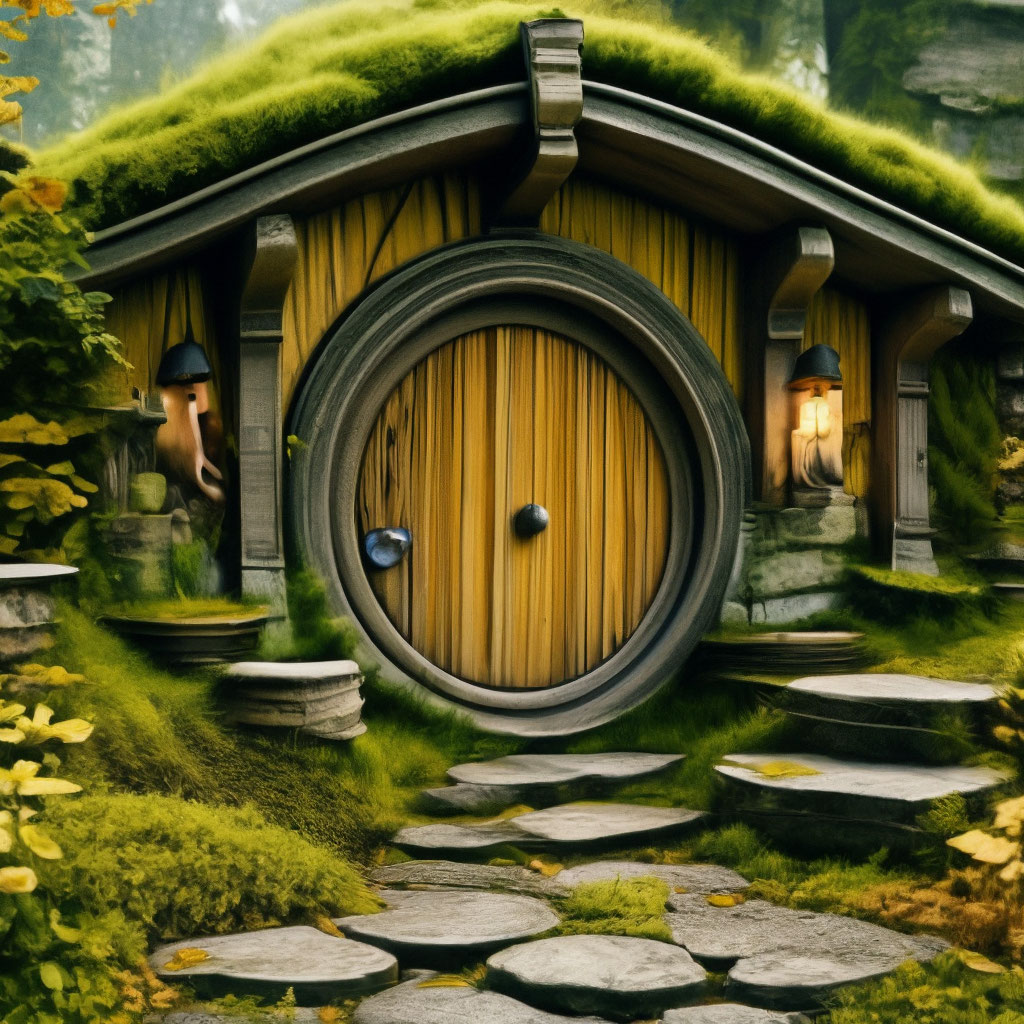 "Hobbit house, moss, nature, wooden door, leaves are woven into art ...