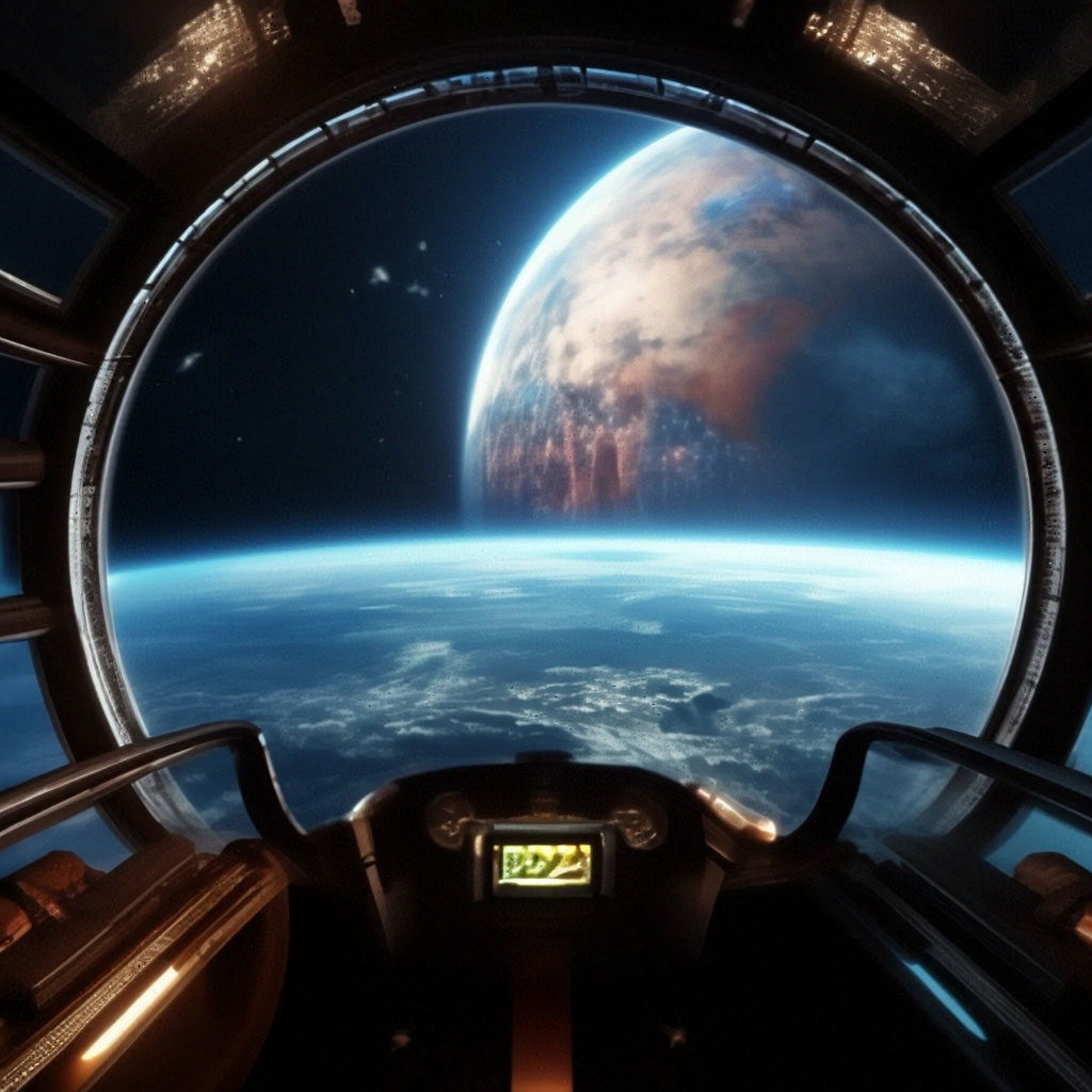 "Somewhere in deep space, a huge alien spaceship on autopilot,a view of ...