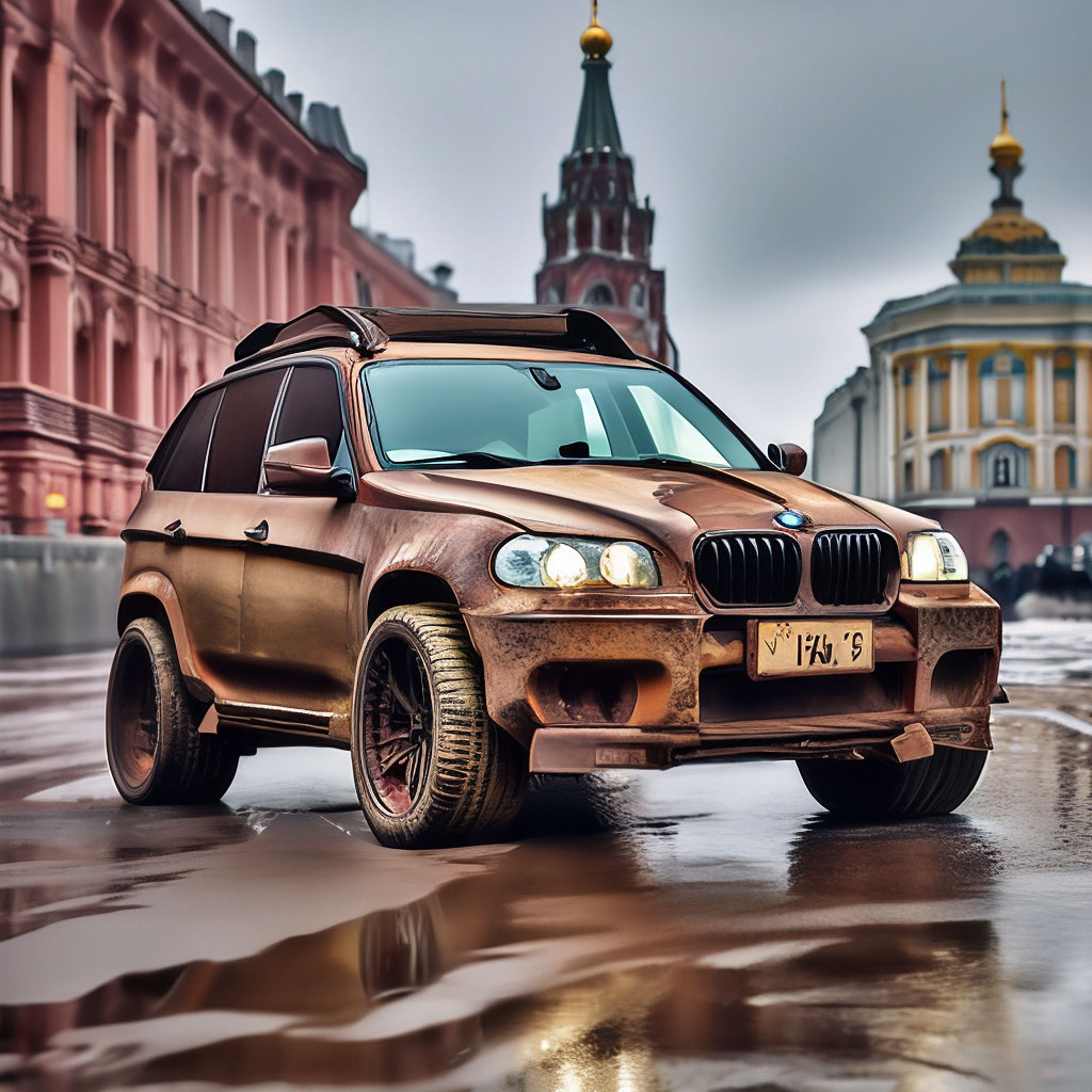 "A very rusty BMW x5 e53 front side view stands on Nevsky Prospekt in ...