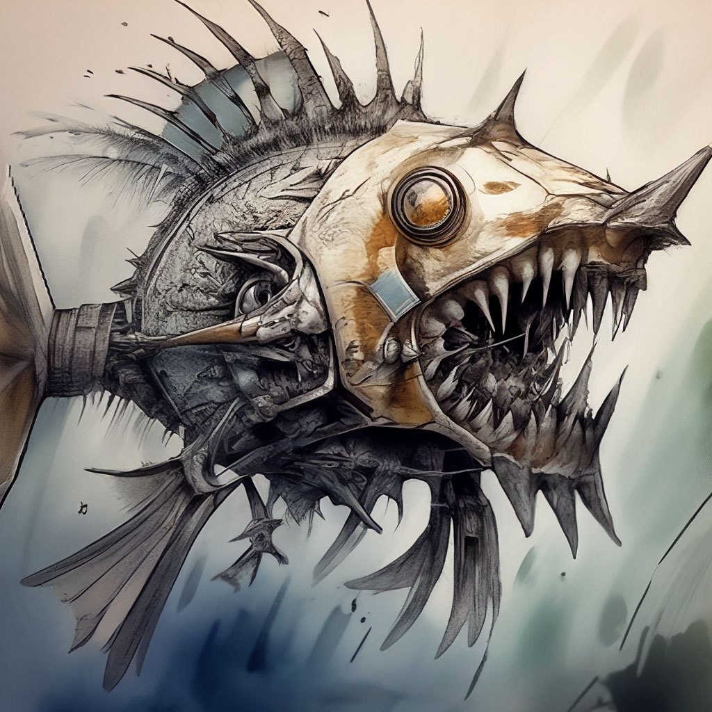 "Biomechanical ultra catfish with big cruel sharp teeth, with scary ...