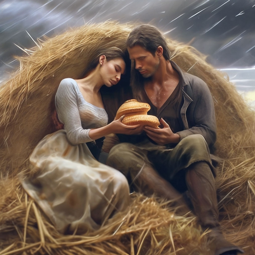"A couple in love, eating soft delicious bread in a haystack." — image ...