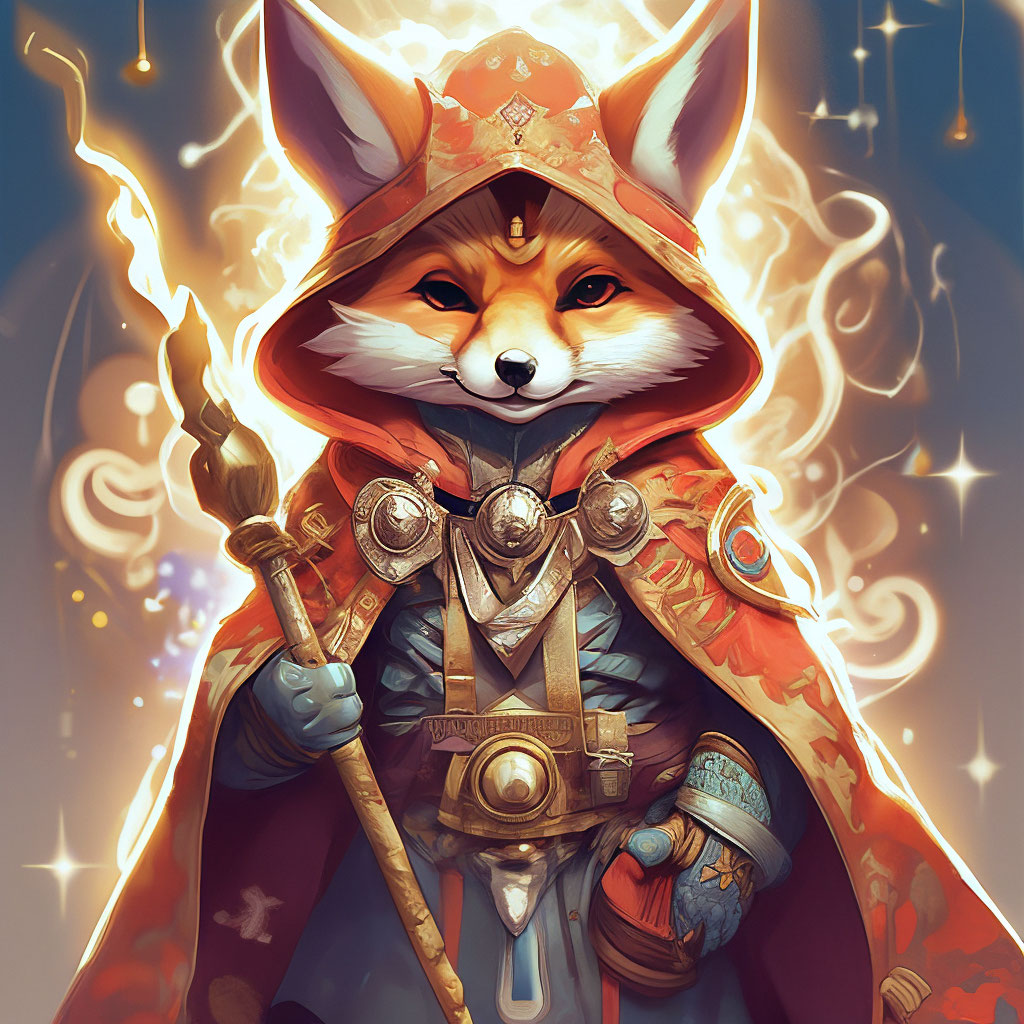 "Boho bohemian cute fox-Loki with a scepter, horns, cloak, magic in the ...