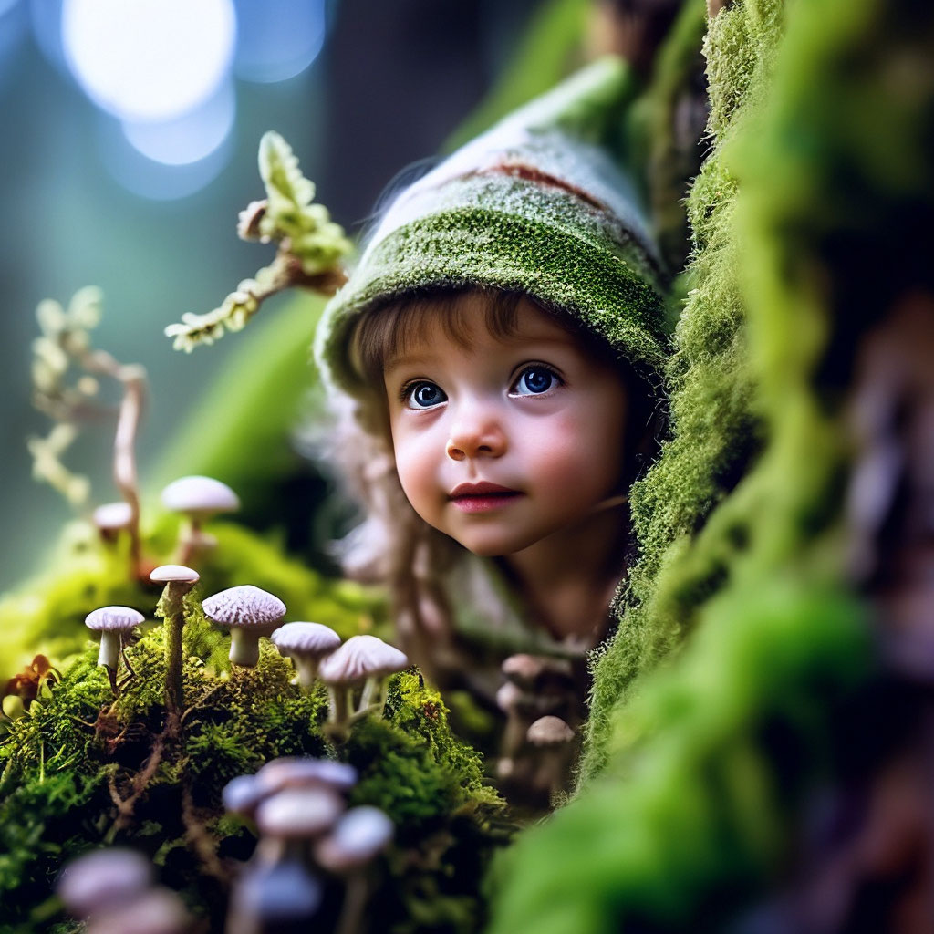 "Realistic cute tiny child of forest elves looks out from behind a tree ...