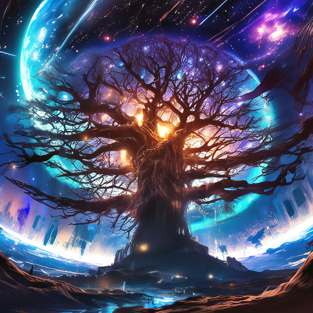 "Tree of worlds, planets, stars, systems, horror, gloomy, northern ...