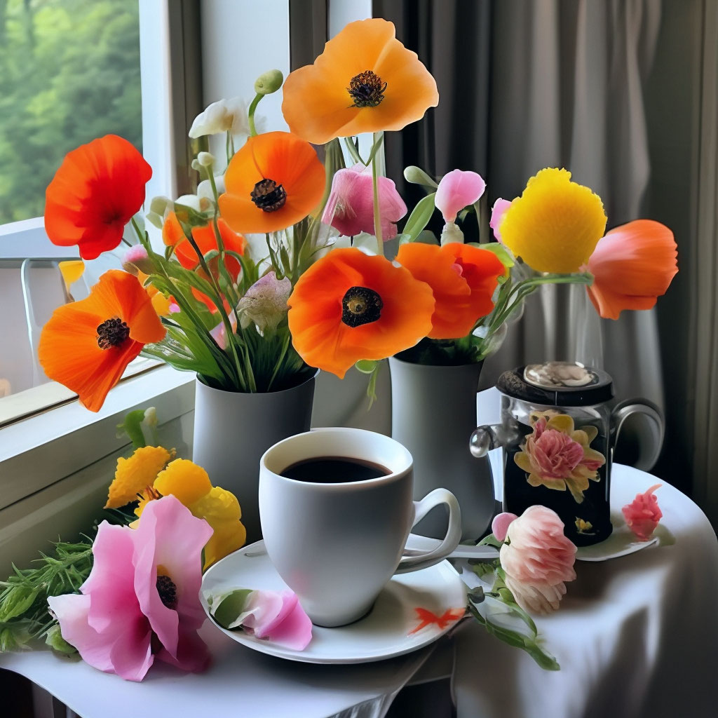 "Good morning, poppies, flowers and coffee" — image created in Shedevrum