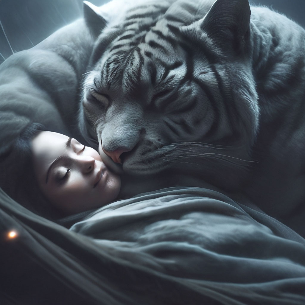 "Sleeping in the arms of a huge space cat" — image created in Shedevrum