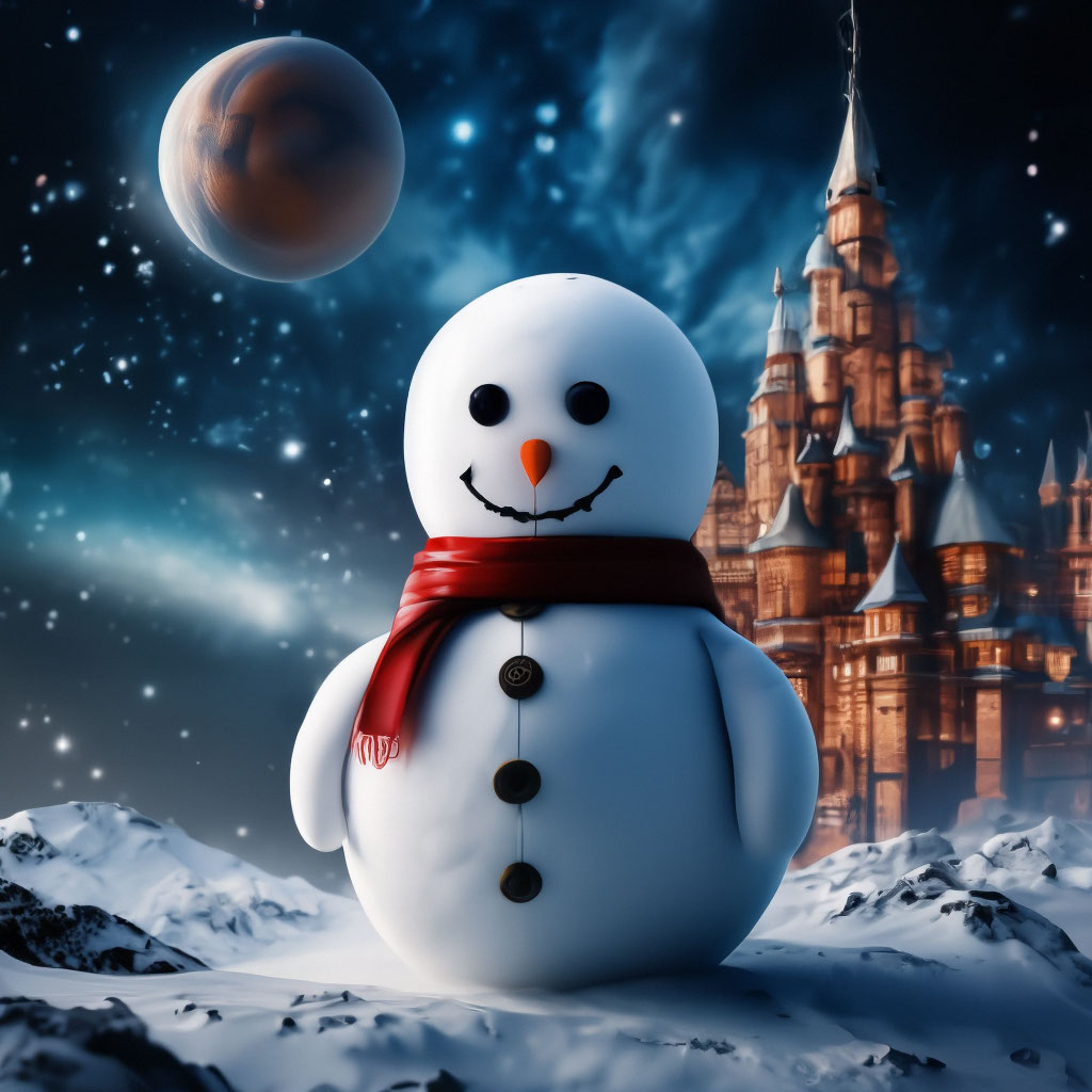 "Space, snowman, red castle" — image created in Shedevrum