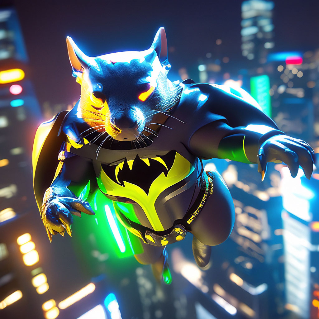 "A capybara in a Batman costume is flying over the city. around the ...