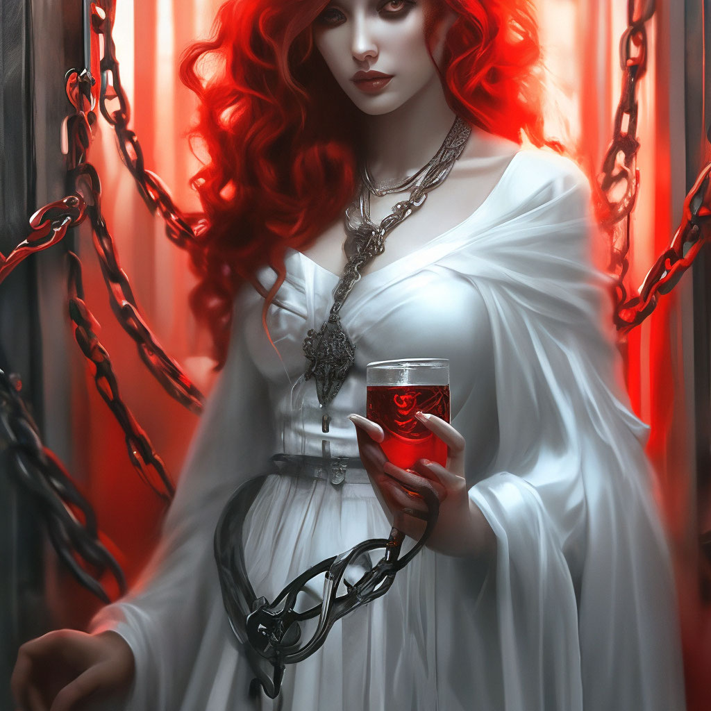 "The world of ghostly myths . A girl in a red cloak with red curls in ...
