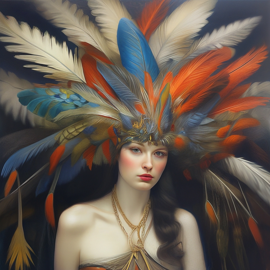 "A woman in strange feathers..." — image created in Shedevrum