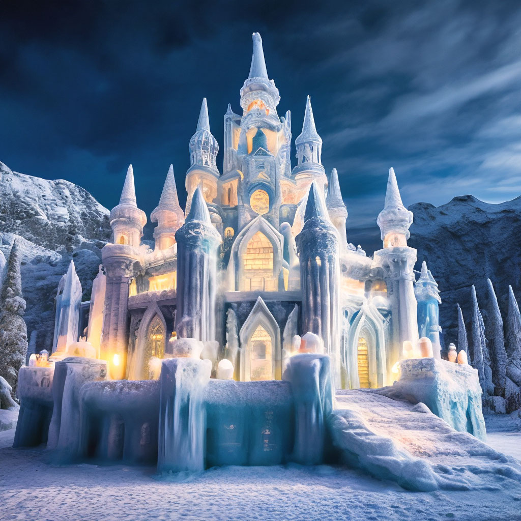 "A beautiful ice castle stands in the snow" — image created in Shedevrum