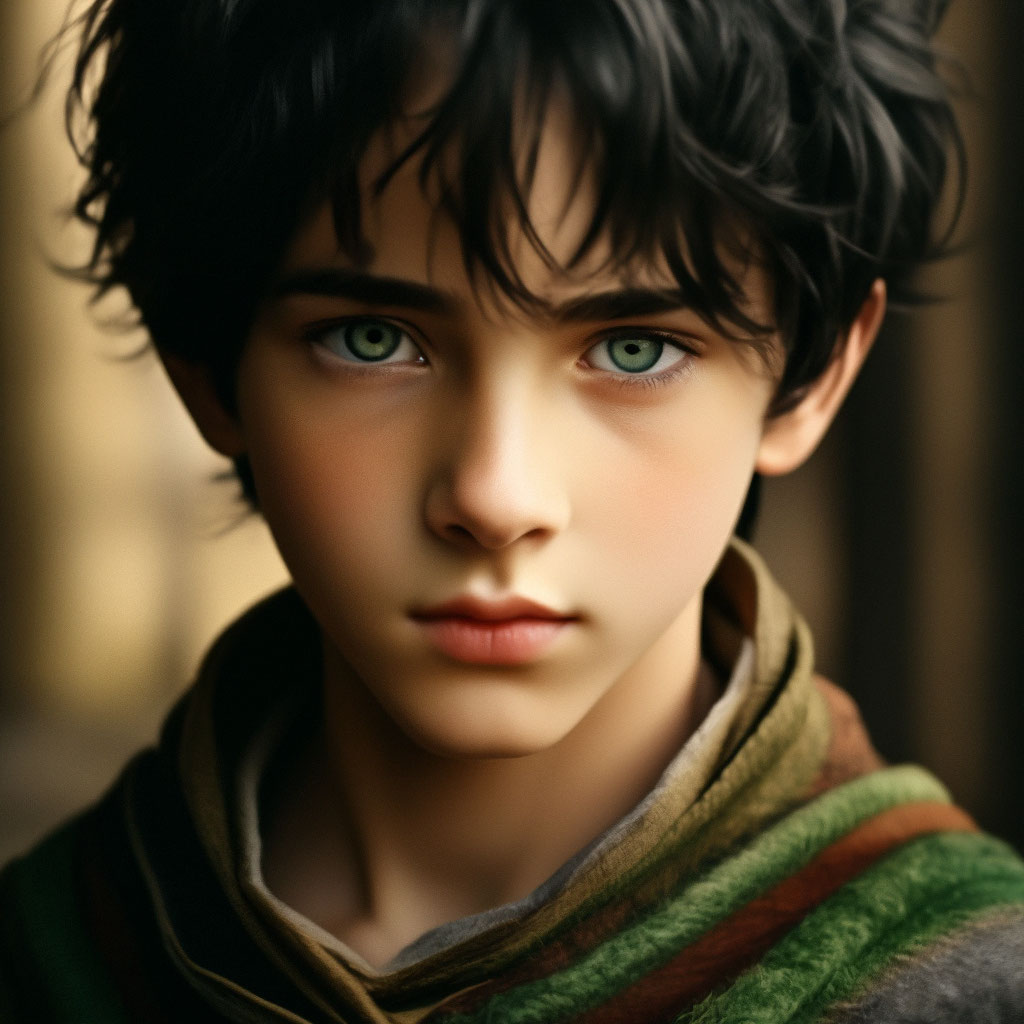 "Watercolor drawing, photorealism, realistic, boy, thick black hair ...